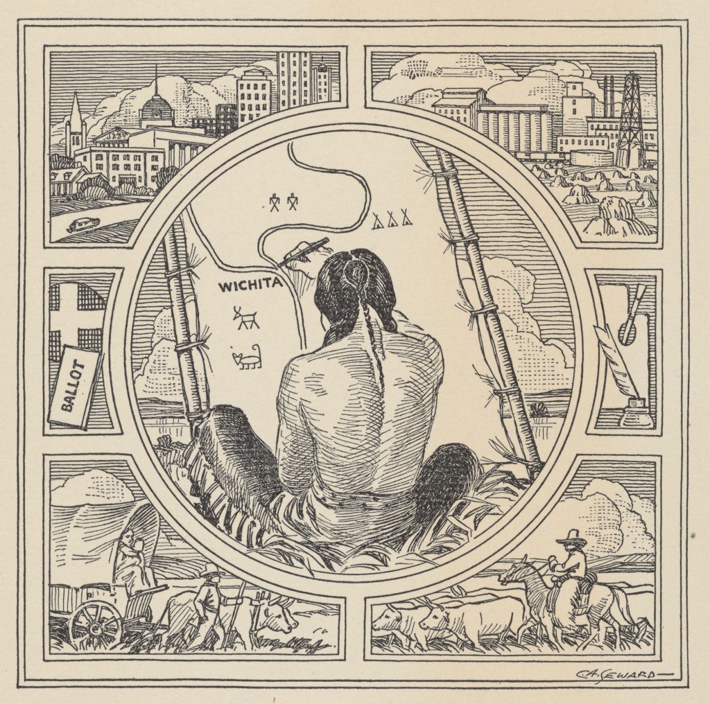 Native American Man Marking Wichita on a Map Bookplate - Wichita Art Museum